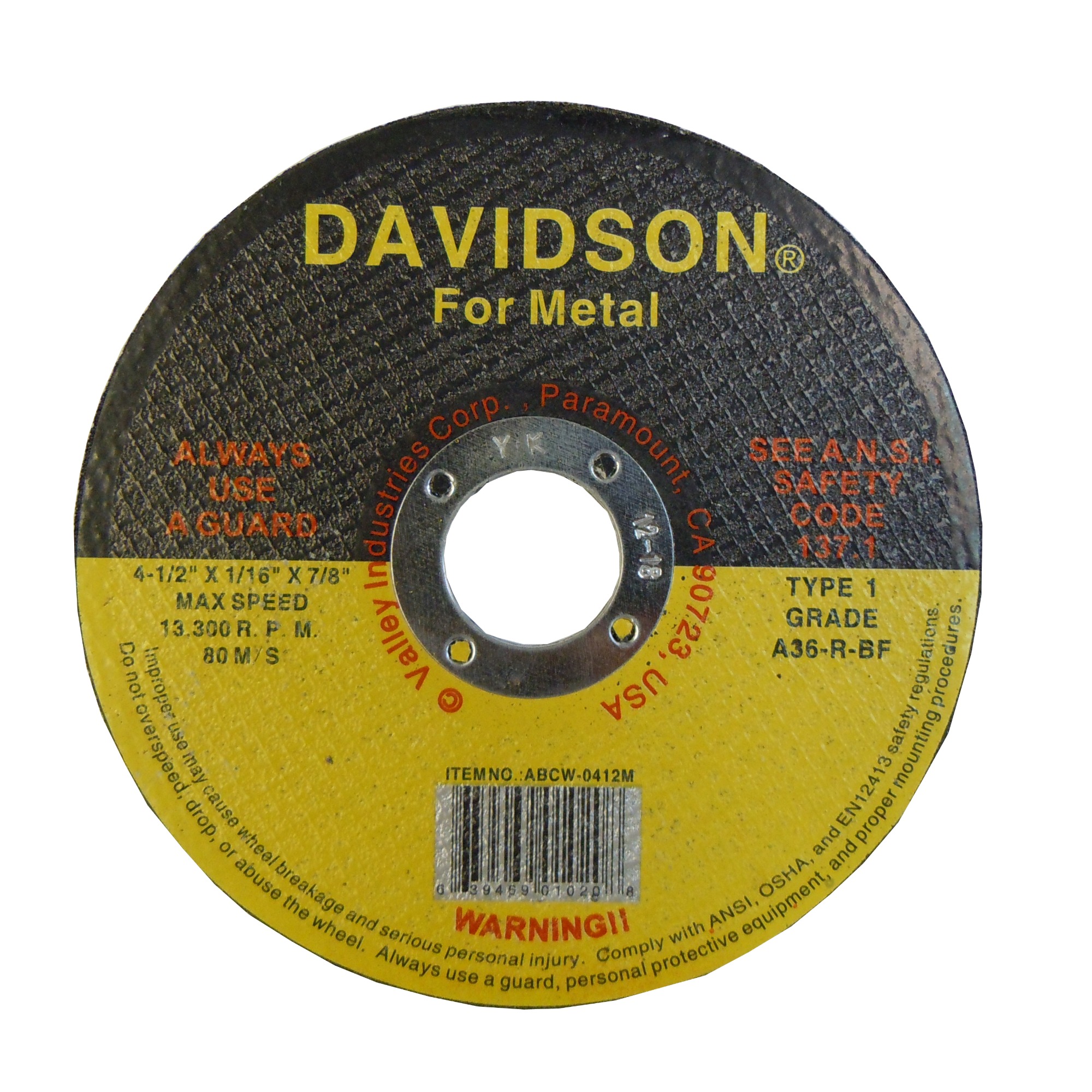 CUT-OFF WHEEL, METAL, 4-1/2" X 1/16" X 7/8" - Valley Industries Corporation