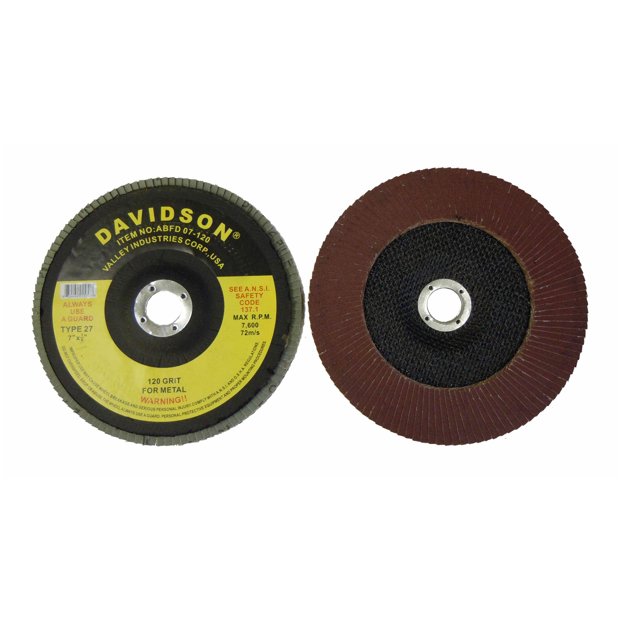 FLAP DISC TYPE-27, 7", 120 GRIT, 7/8" ARBOR - Valley Industries Corporation