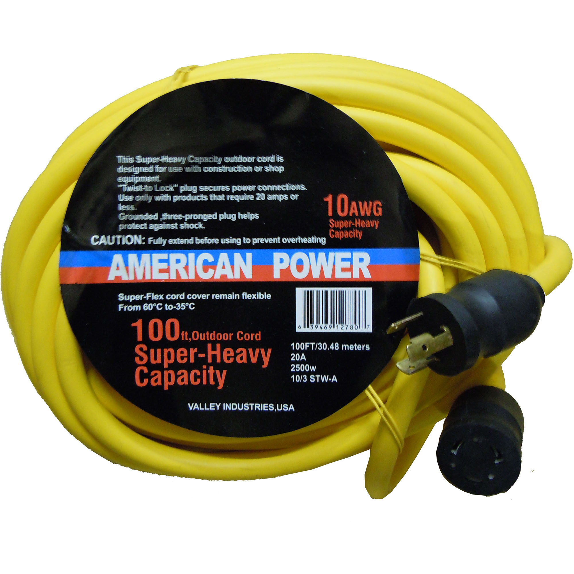 100 FT. 10/3 TWIST/LOCK EXTENSION CORD, YELLOW - Valley Industries ...