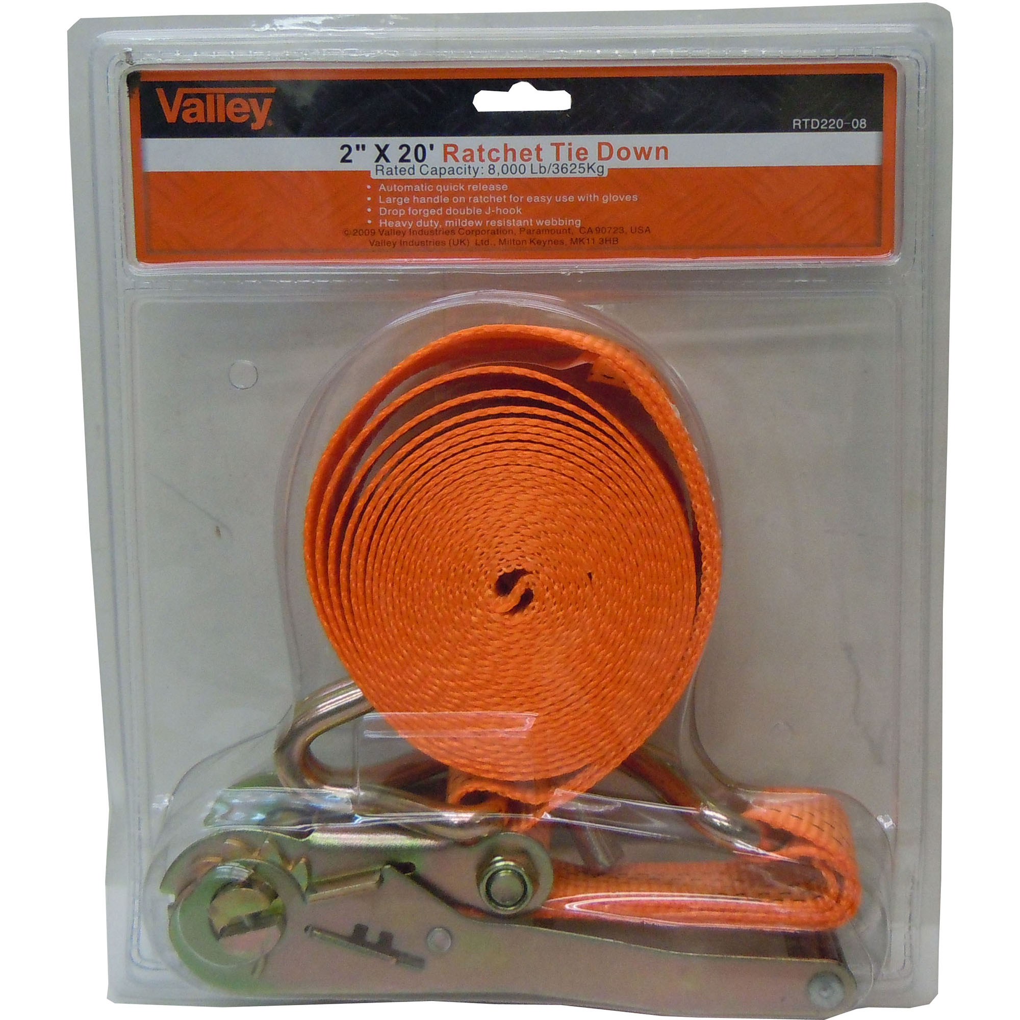 2" X 20 FT. RATCHET TIE DOWN, J-HOOK, 8,000 LB. CAPACITY - Valley ...