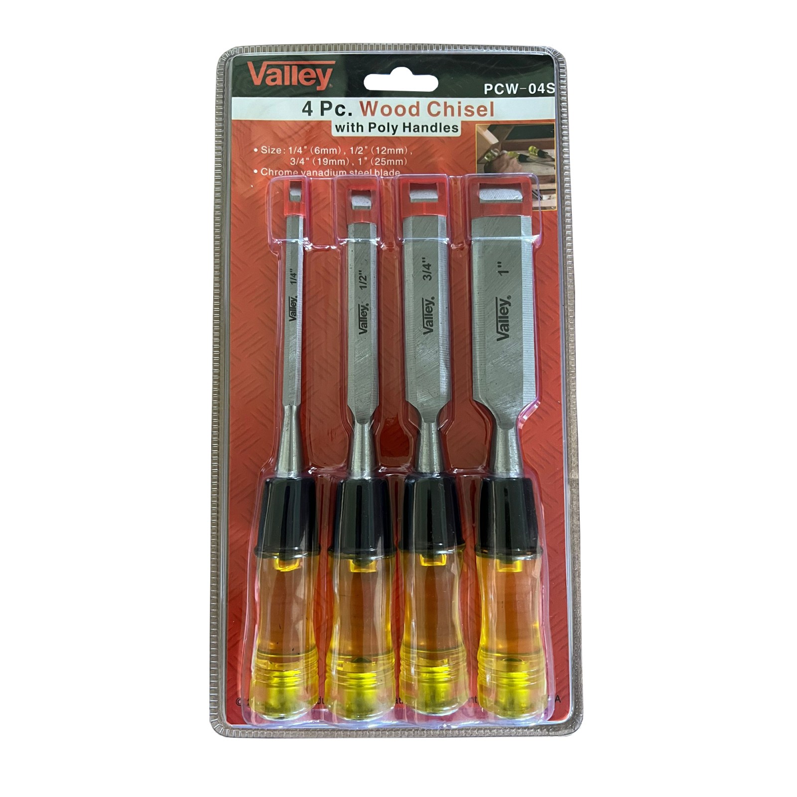 4 PC. WOOD CHISEL SET, CLEAR POLY HANDLES - Valley Industries Corporation